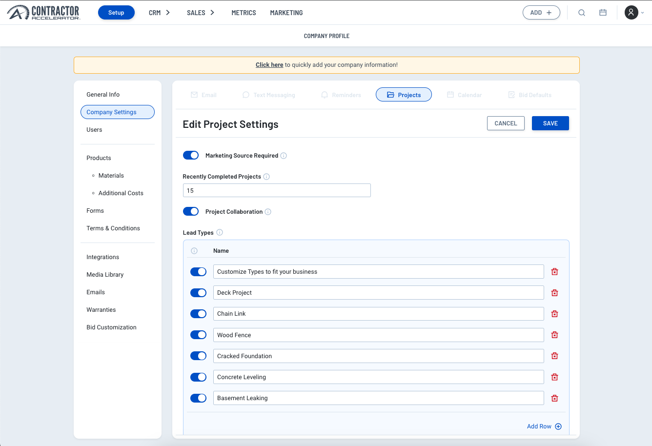 Settings – Contractor Accelerator